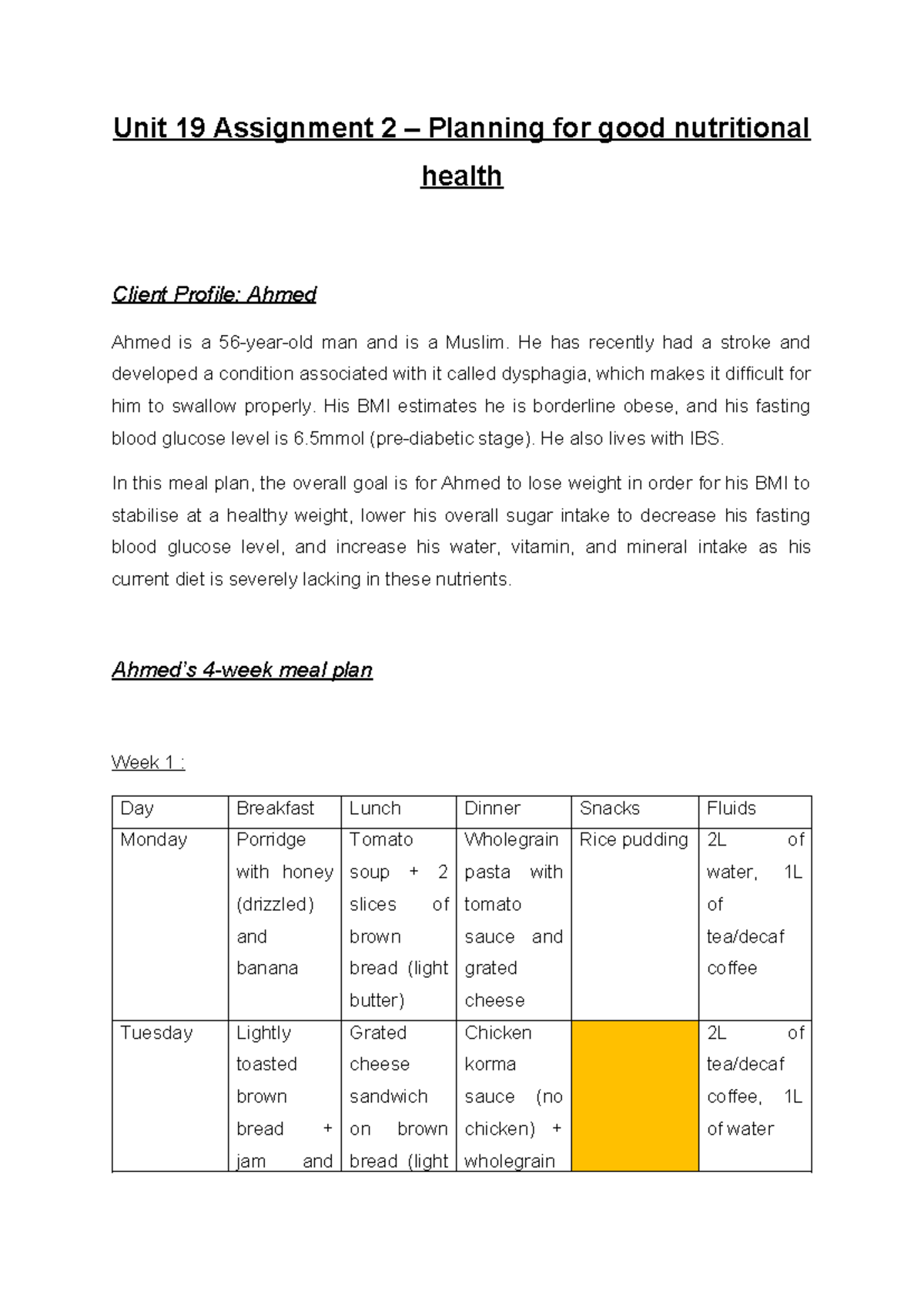 Unit 19 Nutrition Assignment 2: Meal Plans for Clients Ahmed & Felicity ...