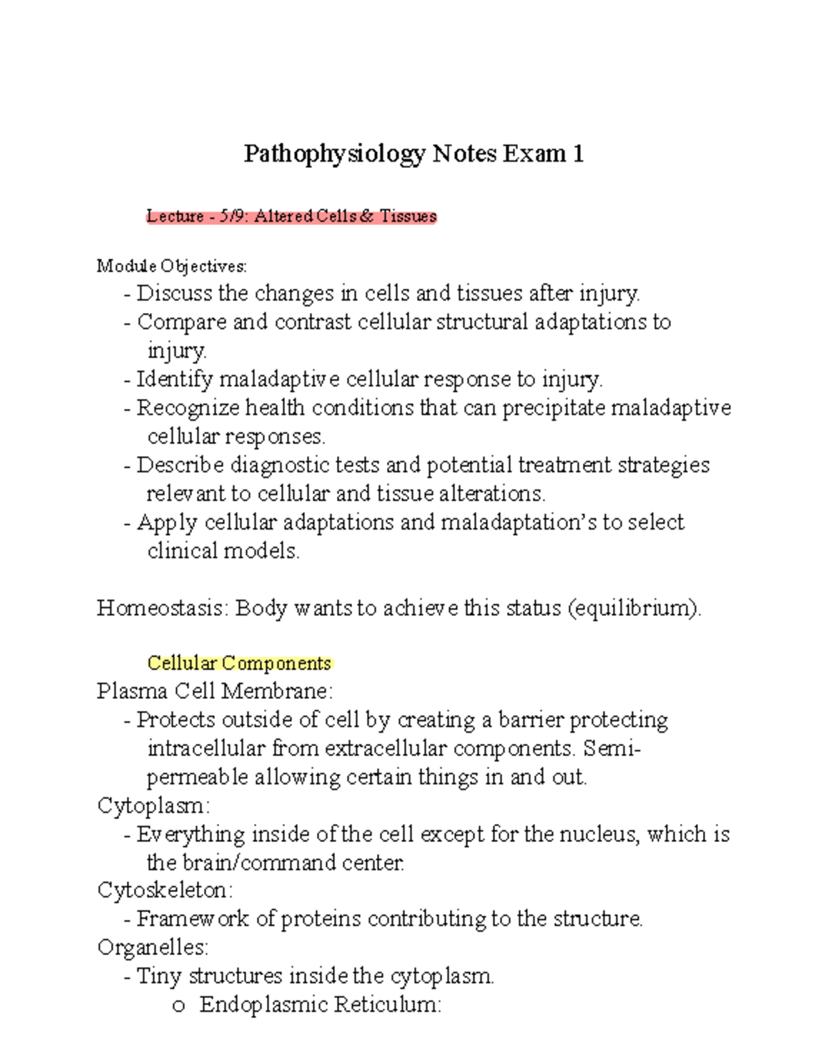 Pathophysiology Exam 1 Lecture Notes: Altered Cells & Tissues - Studocu