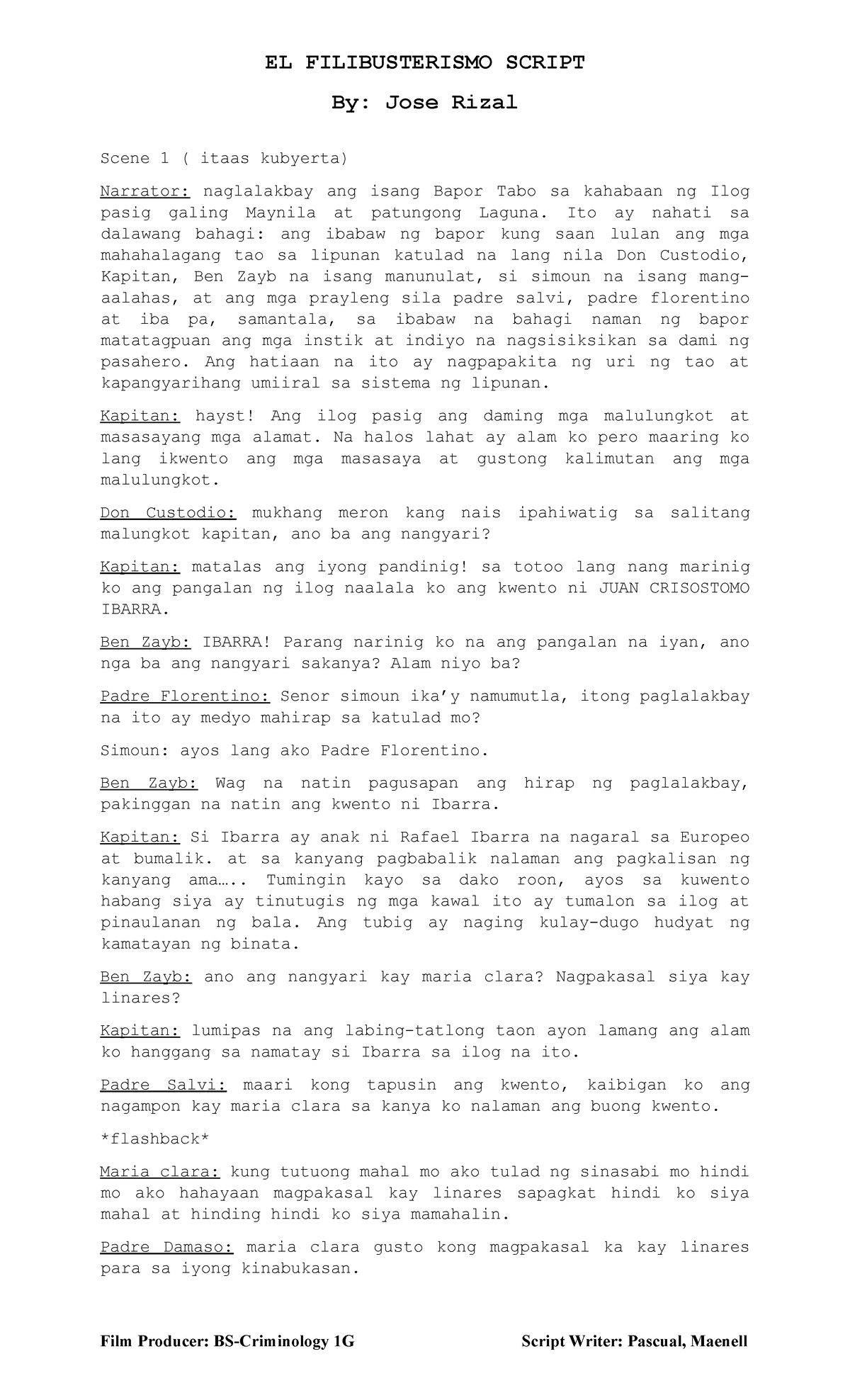 El Filibusterismo Simoun Script