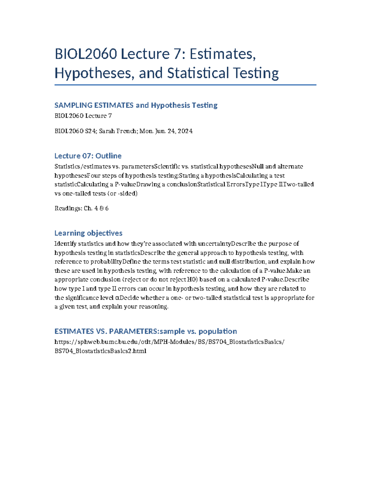 BIOL2060 Lecture 7: Hypothesis Testing & Statistical Estimates - Studocu