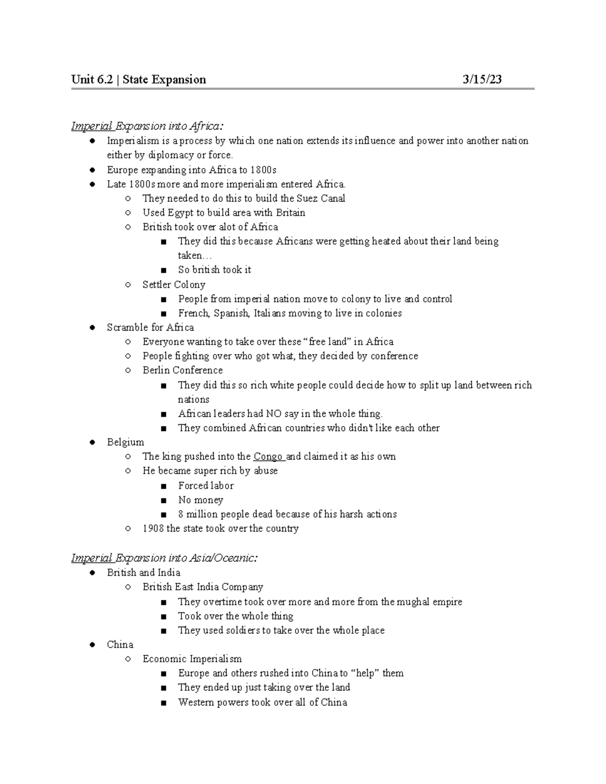 Unit 6.2 Notes on Imperial Expansion in Africa, Asia, and the US - Studocu