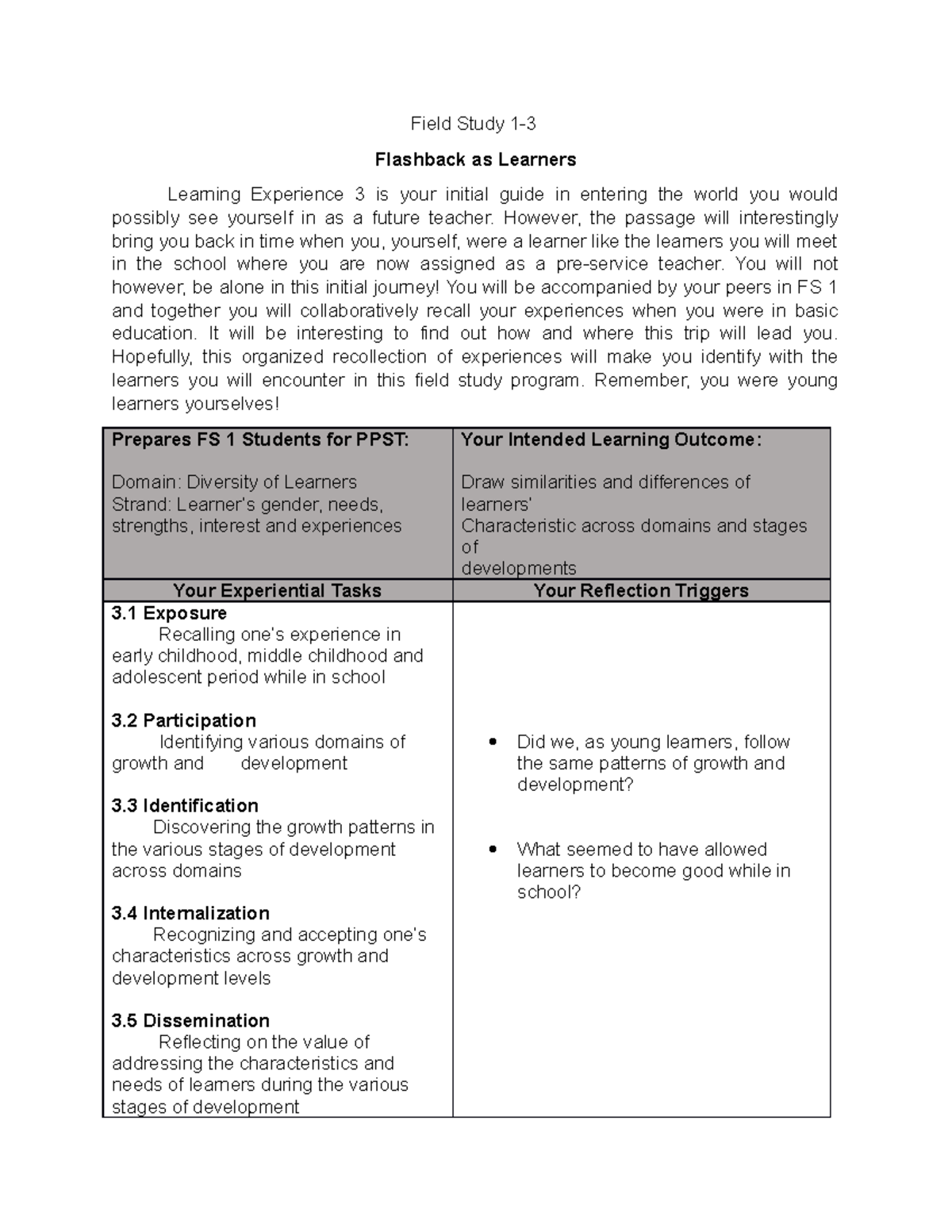 FS1-3 - Reflections on Growth and Learning Experiences in Education ...
