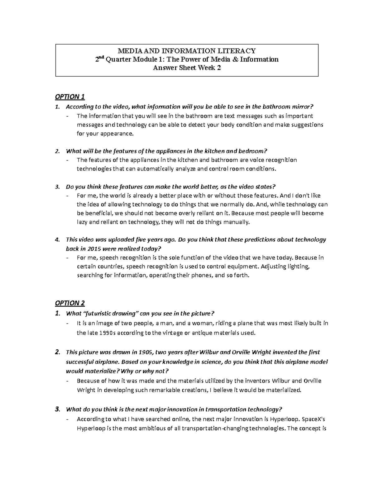 WEEK 2 Answer Sheet - Media & Information Literacy (MIL) - Studocu
