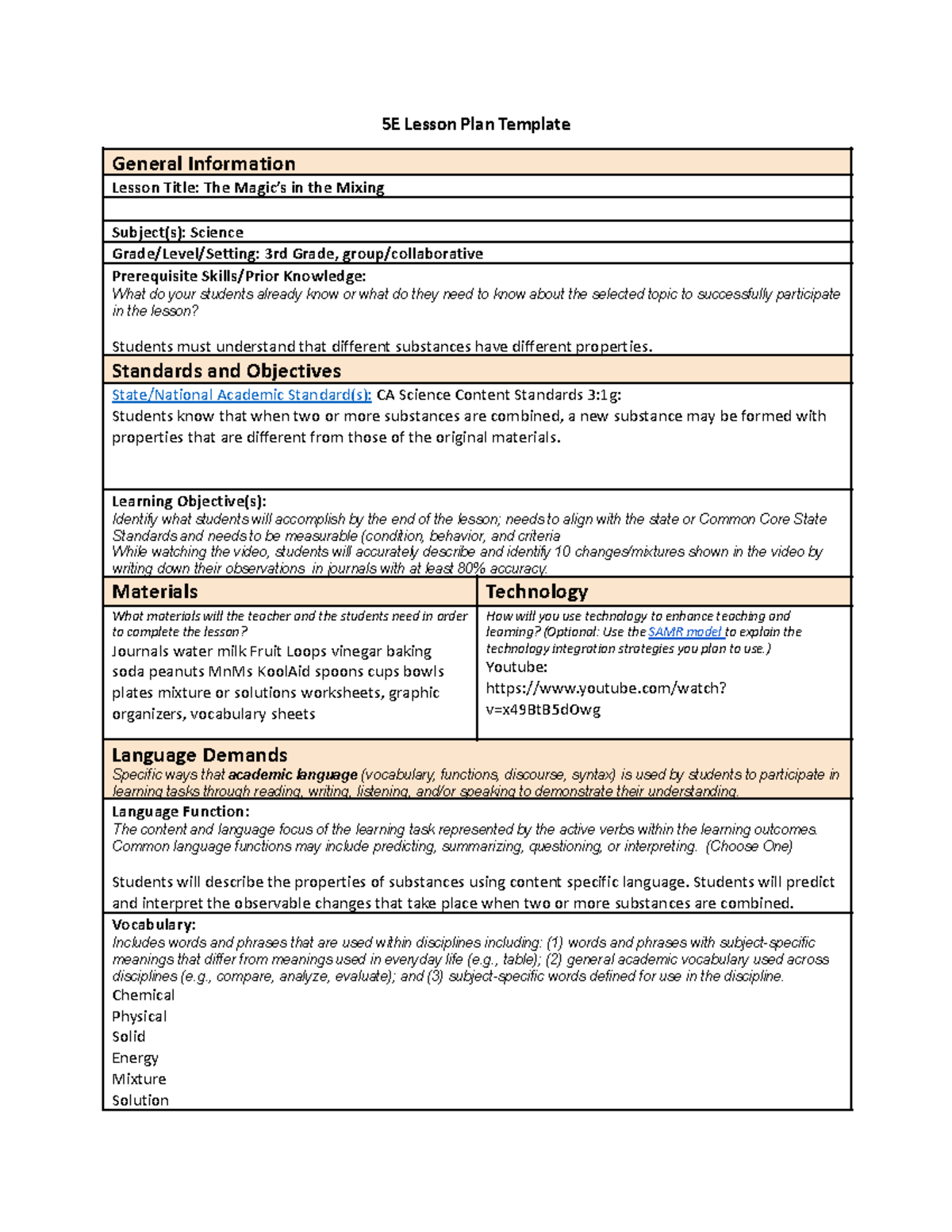 5E Lesson Plan Template for Science: The Magic’s in the Mixing - Studocu