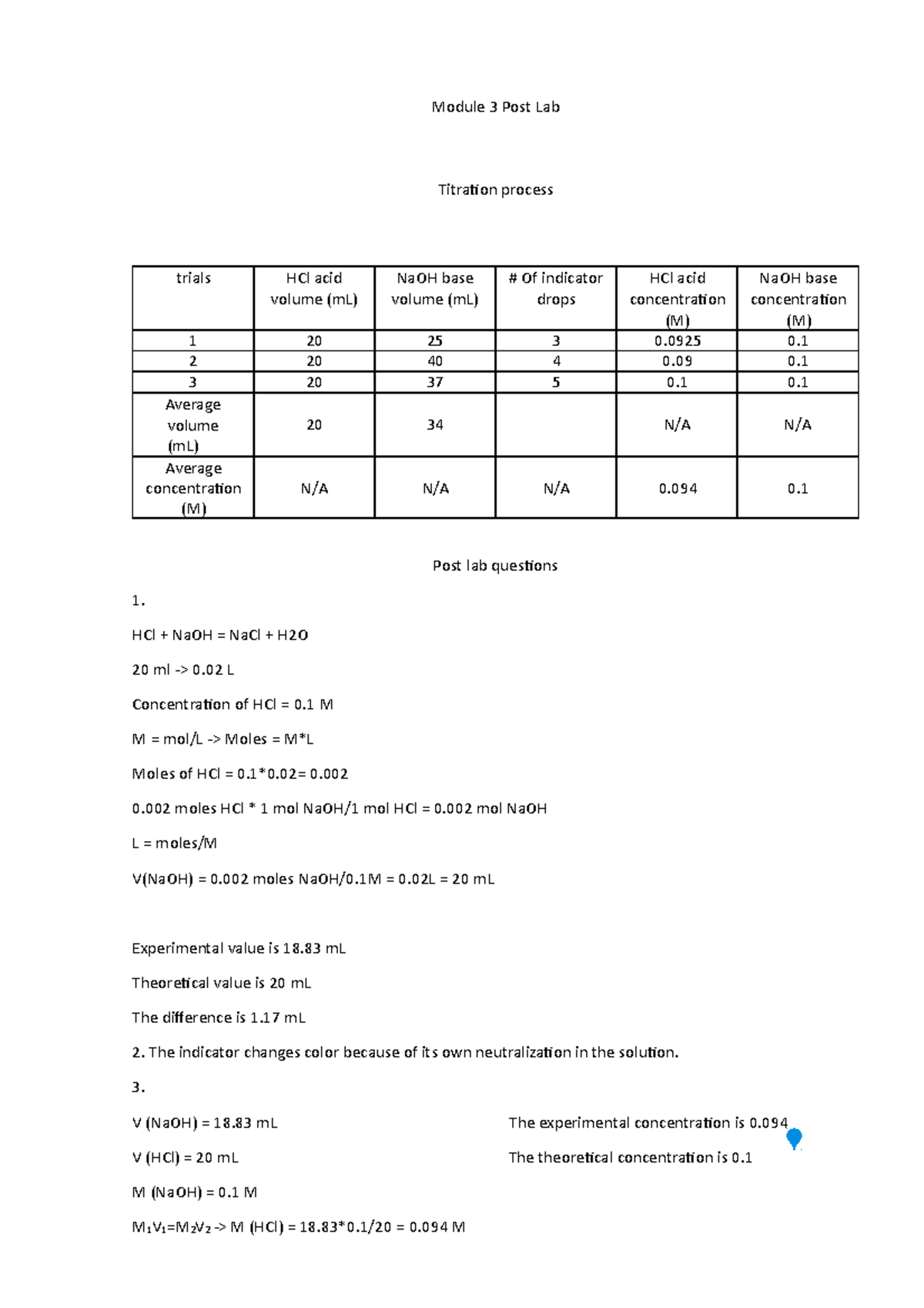 Titration - Assignment Module #3 Post-Lab Questions Submission - Module ...