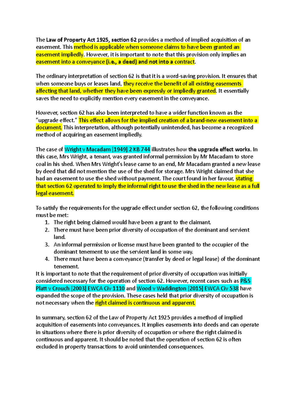 LPA 1925 Sec 62: Summary of Implied Easements & Upgrade Effect - Studocu