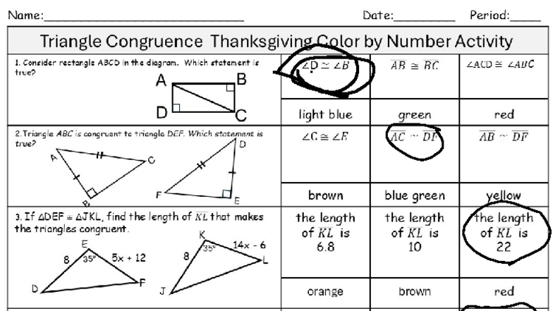 Activity - Triangle Congruence Thanksgiving Color Number (MATH 101 ...