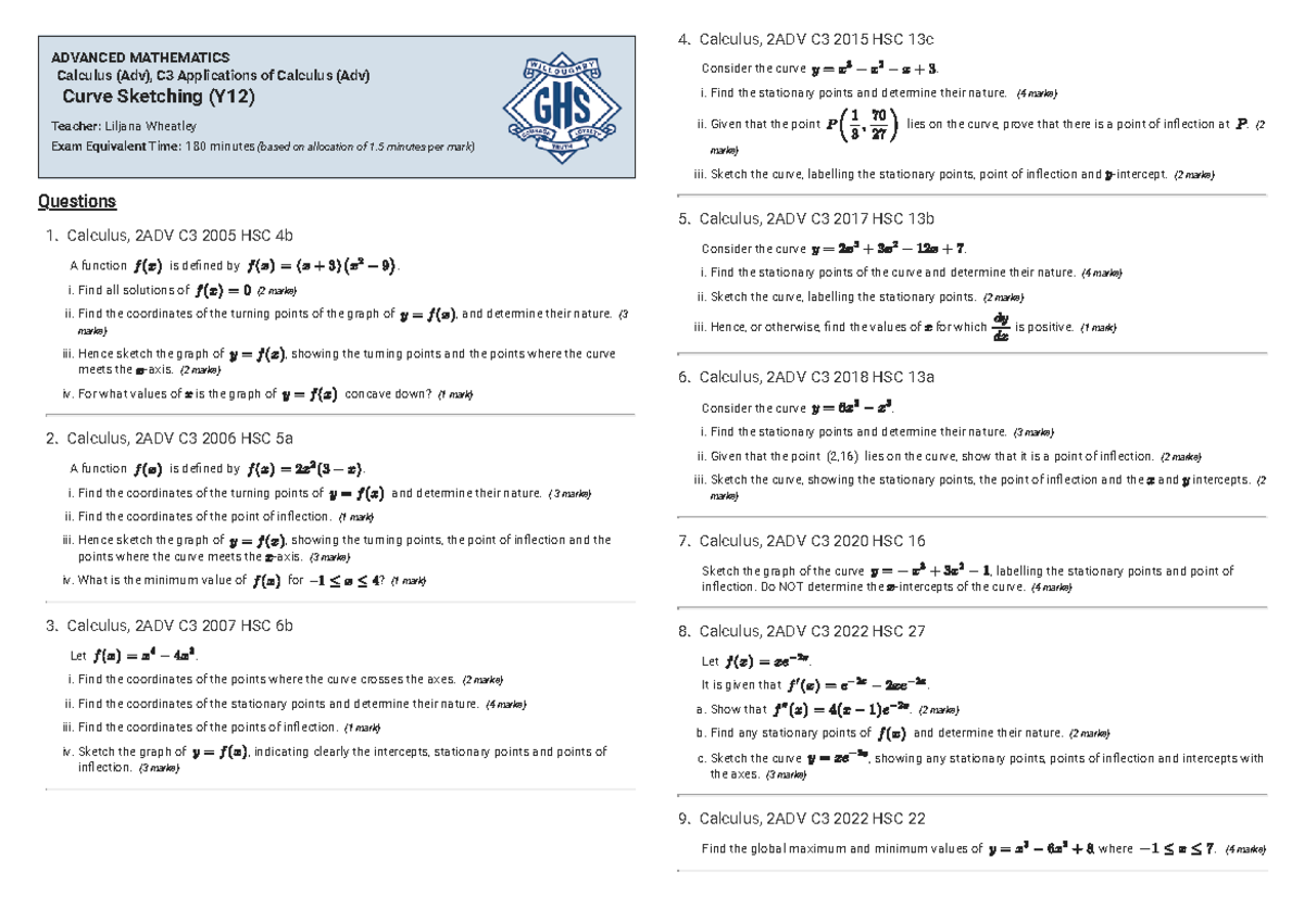 Year 12 - Curve Sketching: Calculus 2ADV C3 HSC Exam Notes - Studocu