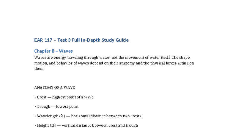 EAR 117 Test 3 Full Study Guide: Waves and Ocean Life Systems - Studocu