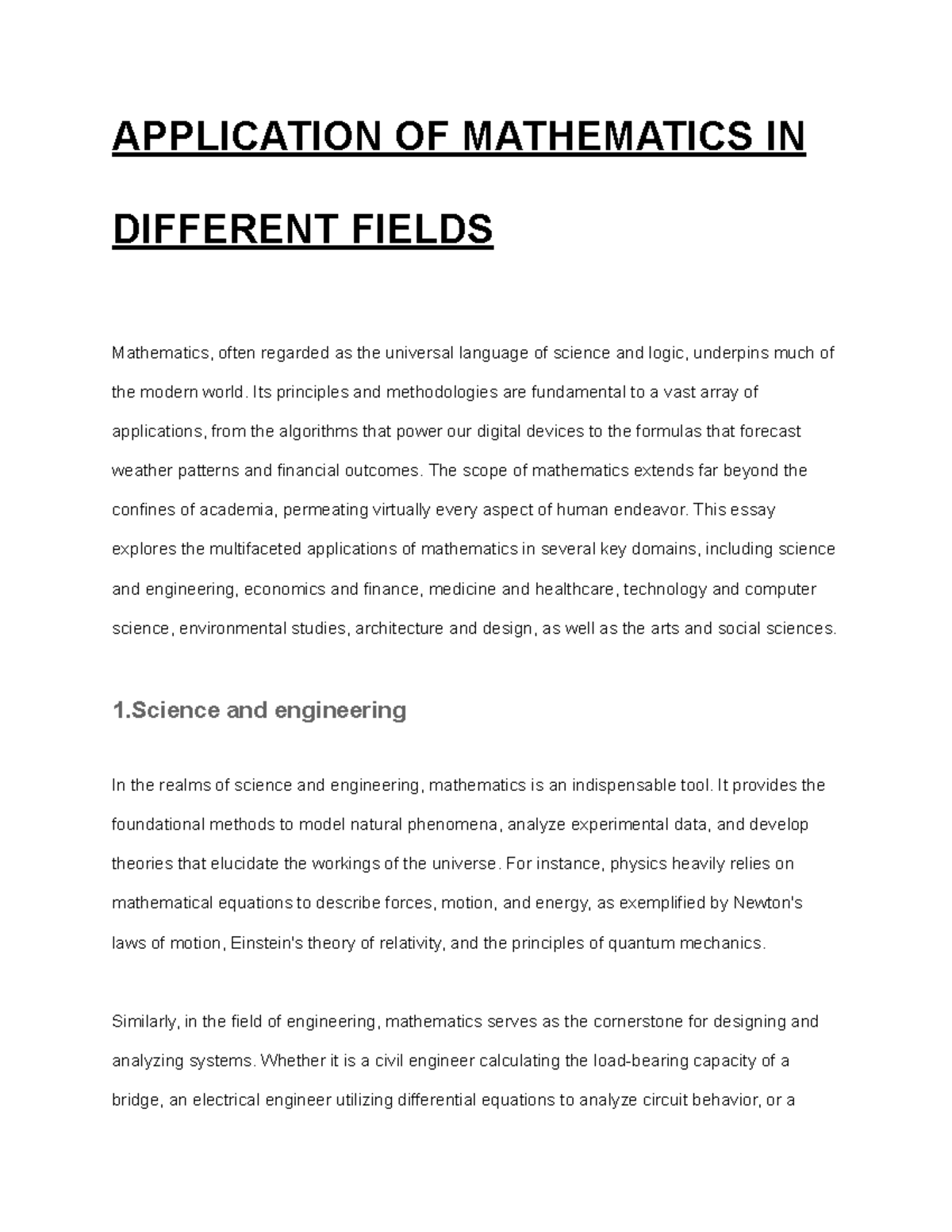 Application of Mathematics in Various Fields: A Comprehensive Overview ...
