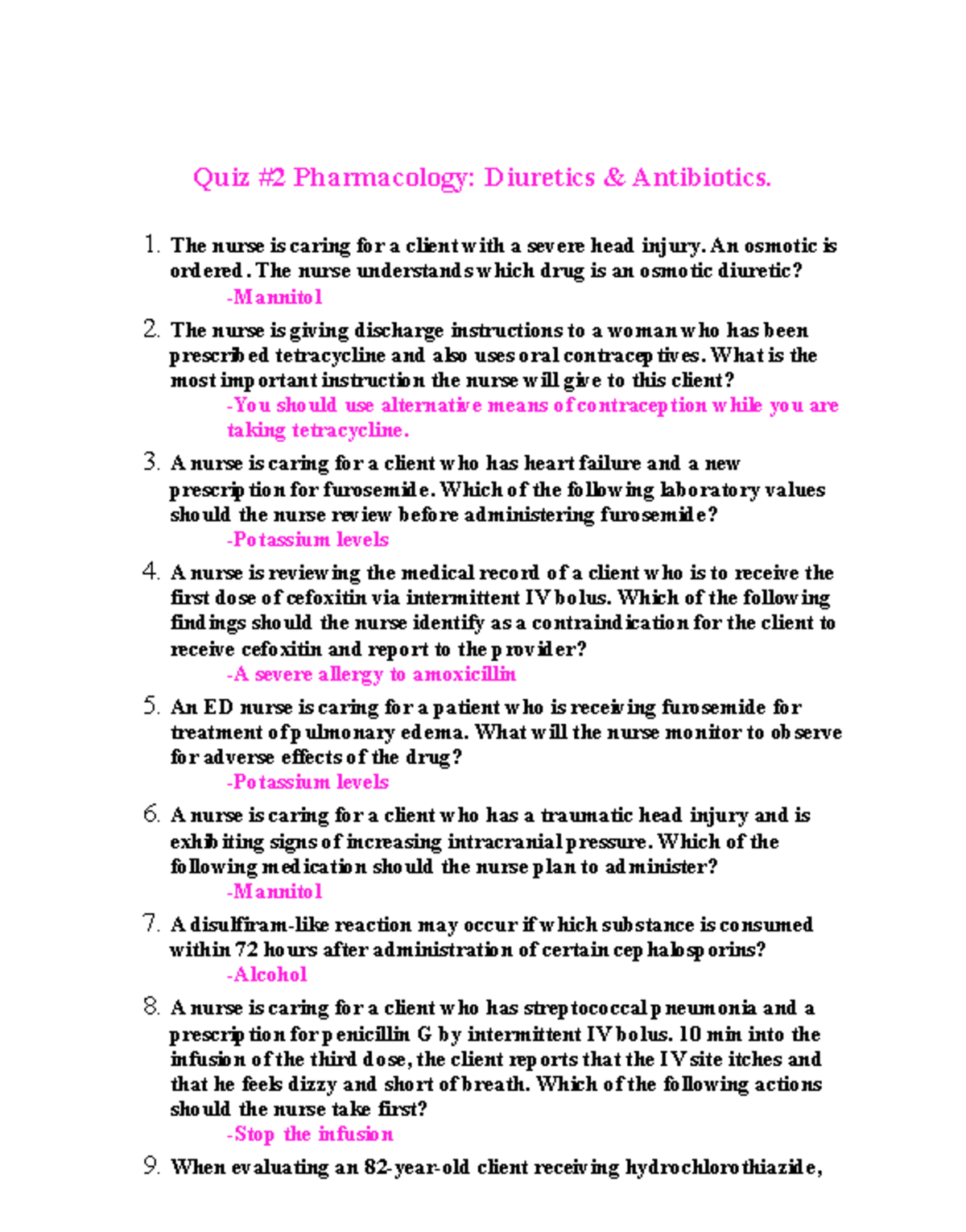 Quiz #2: Pharmacology Review on Diuretics & Antibiotics - Quiz #2 ...