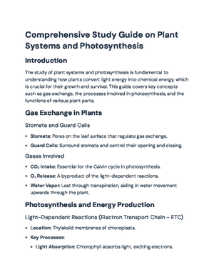 Plant Systems & Photosynthesis Study Guide (BIO 101) - Studocu
