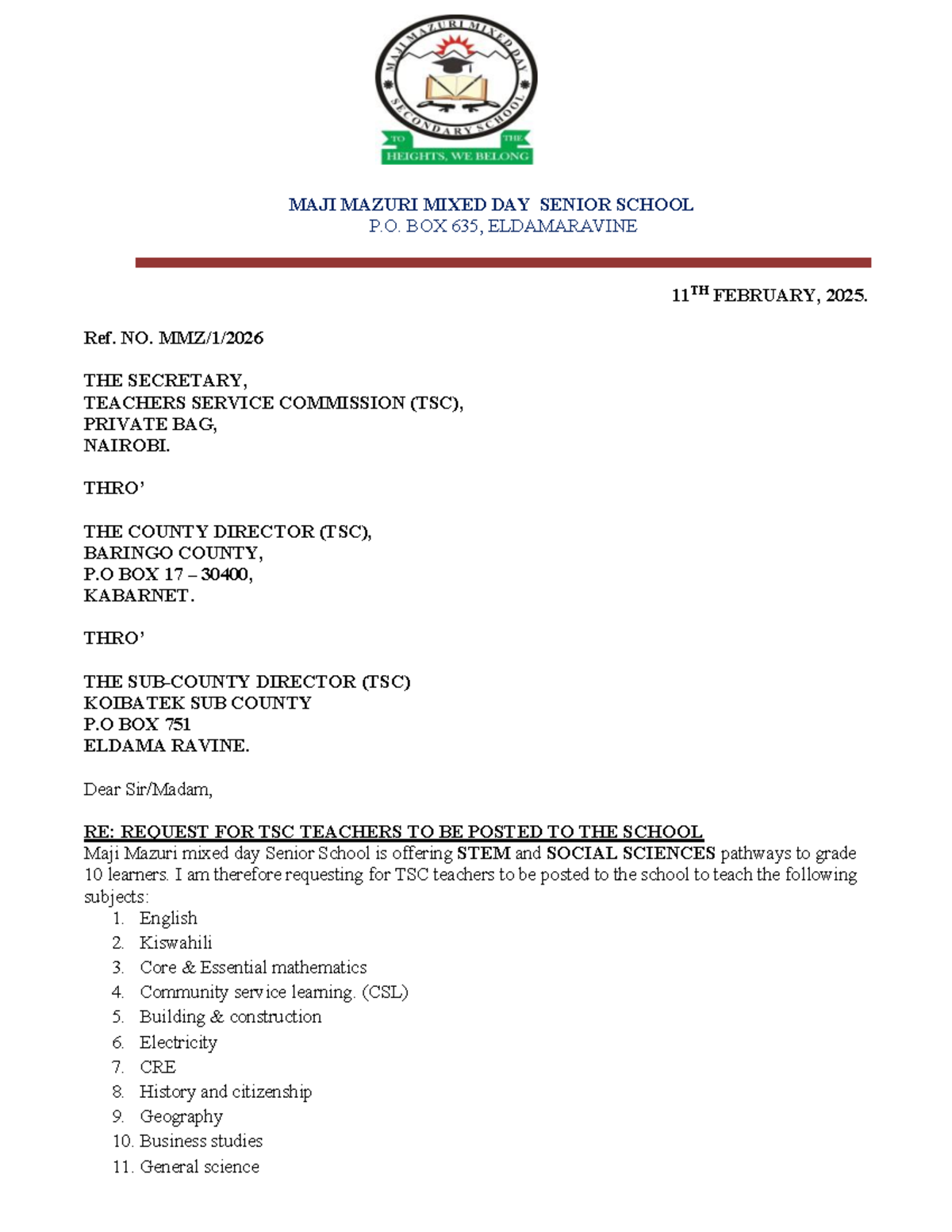 Request for TSC Teacher Posting - MAJI MAZURI Mixed Day School - Studocu