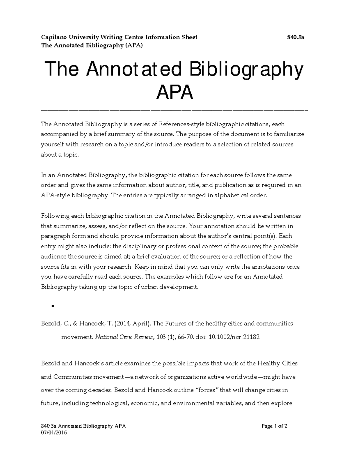 Capilano University 840.5a Annotated Bibliography (APA) Guide - Studocu