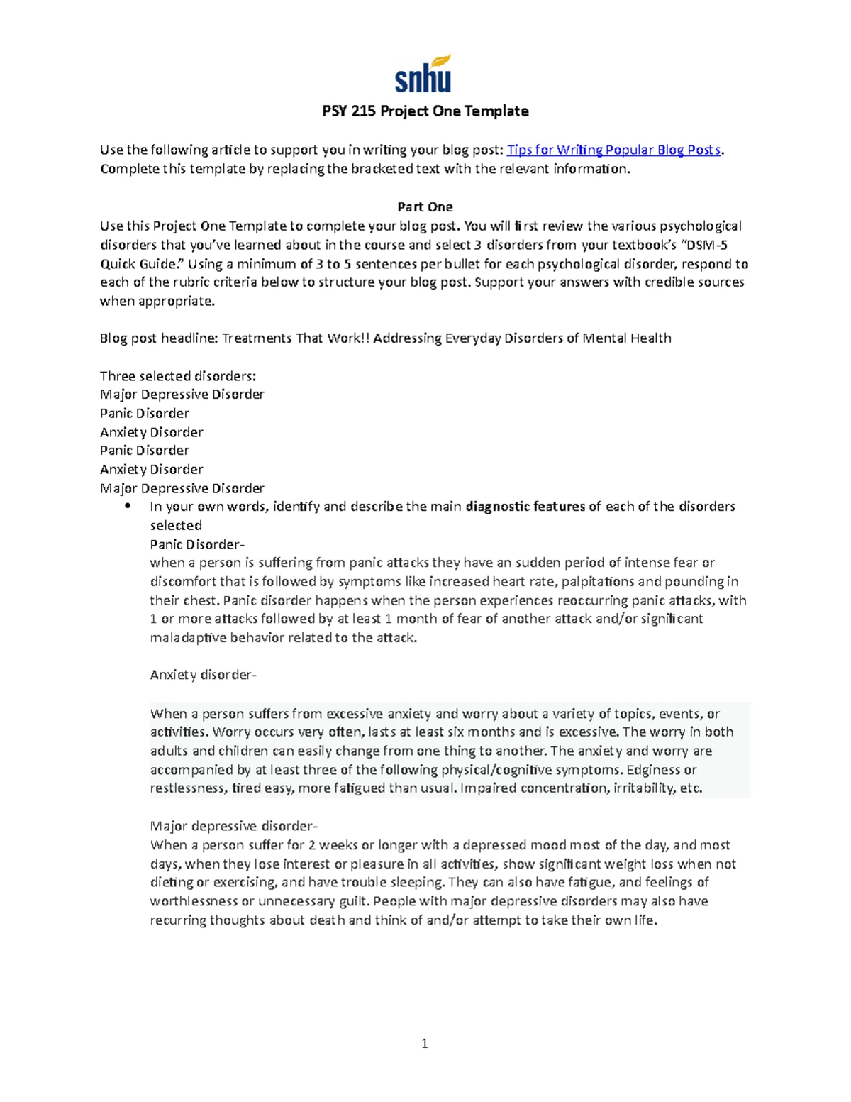 PSY 215: Project One 4-2 - PSY 215 Project One Part One Use this ...