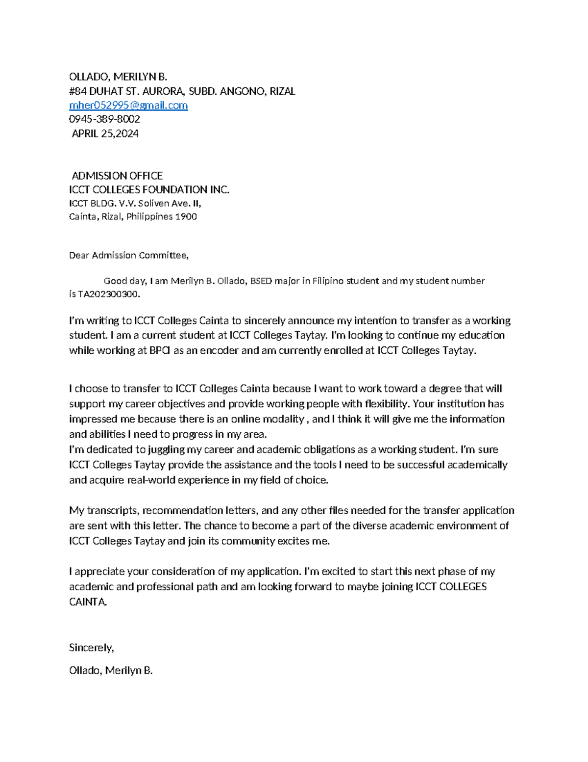ICCT BSED Transfer Intent Letter by Merilyn Ollado - Studocu
