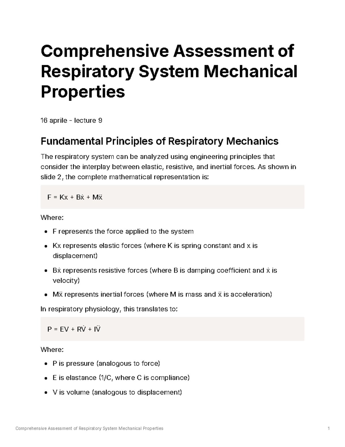 Comprehensive Assessment of Respiratory Mechanics: Lecture 9 ...