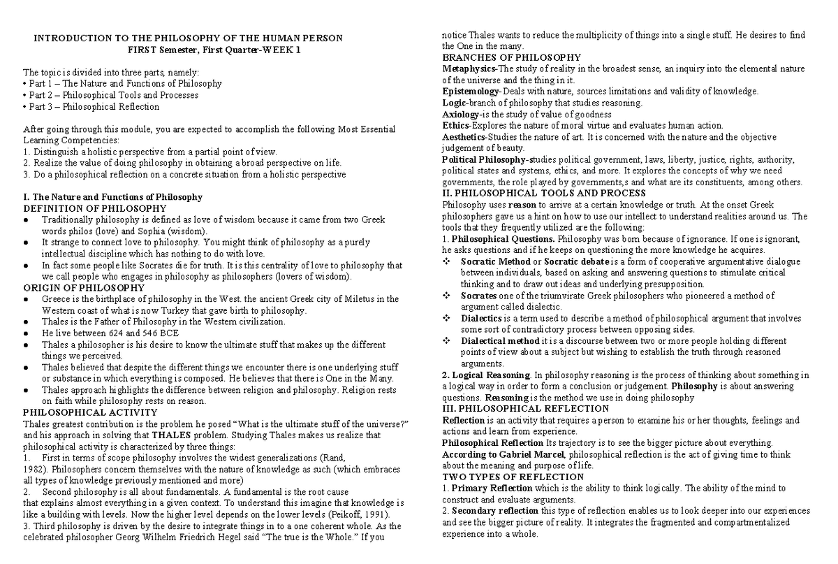 IPHP Week 1 Module - INTRODUCTION TO THE PHILOSOPHY OF THE HUMAN PERSON ...
