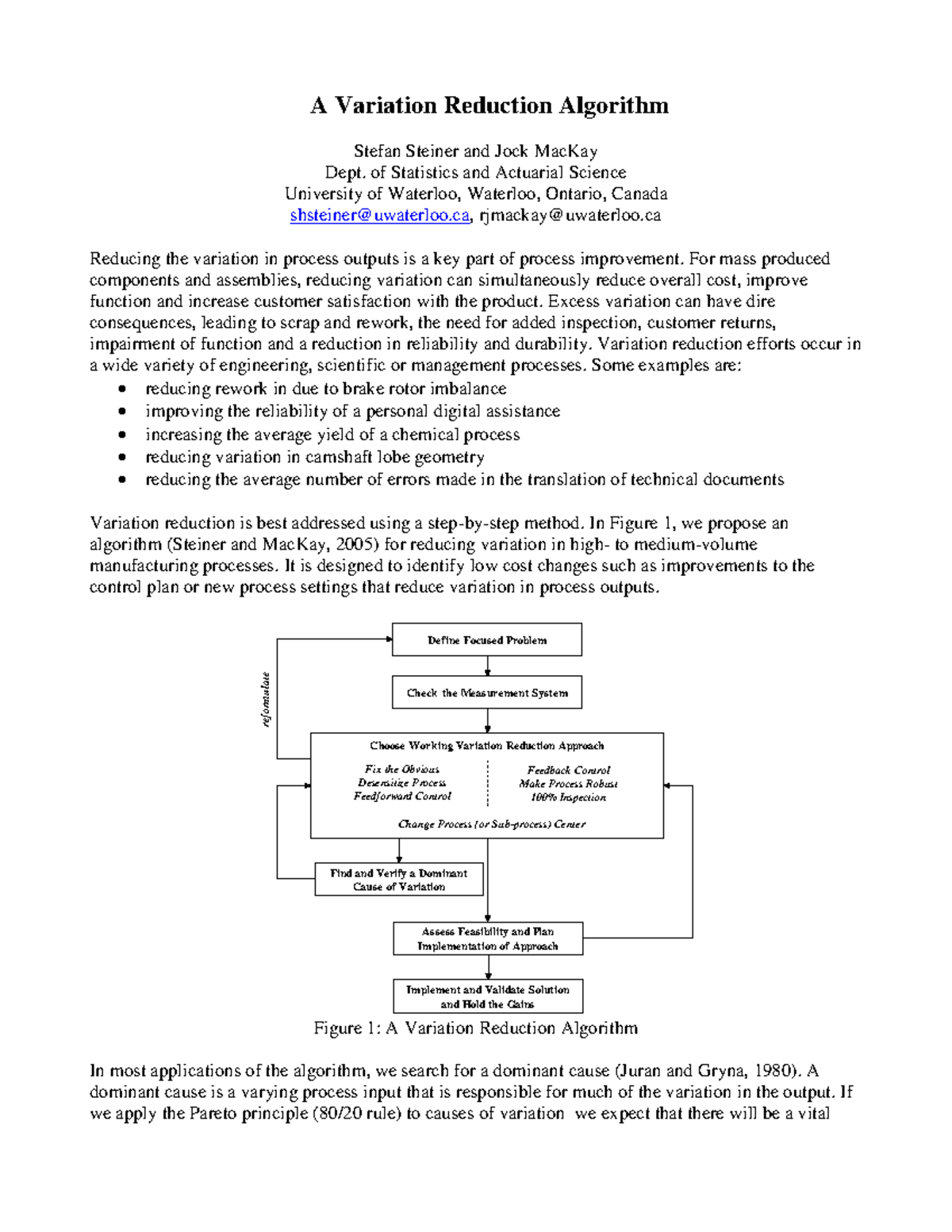 Variation Reduction Algorithm for Manufacturing Processes (2006 ENBIS ...