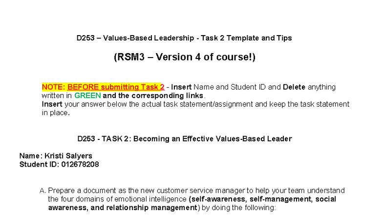 D253 RSM3 Task 2: Emotional Intelligence in Leadership Guide - Studocu