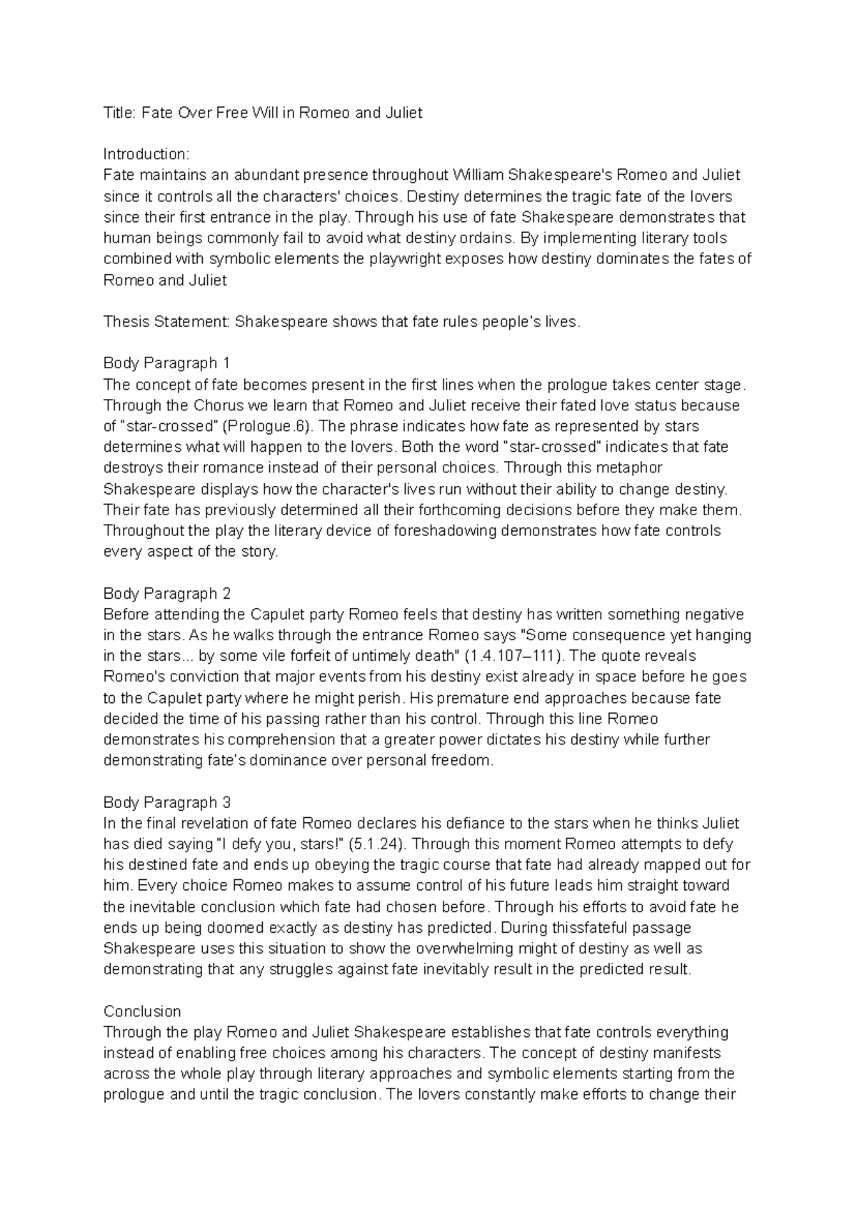 Fate vs. Free Will in Romeo and Juliet: An Analytical Essay - Studocu