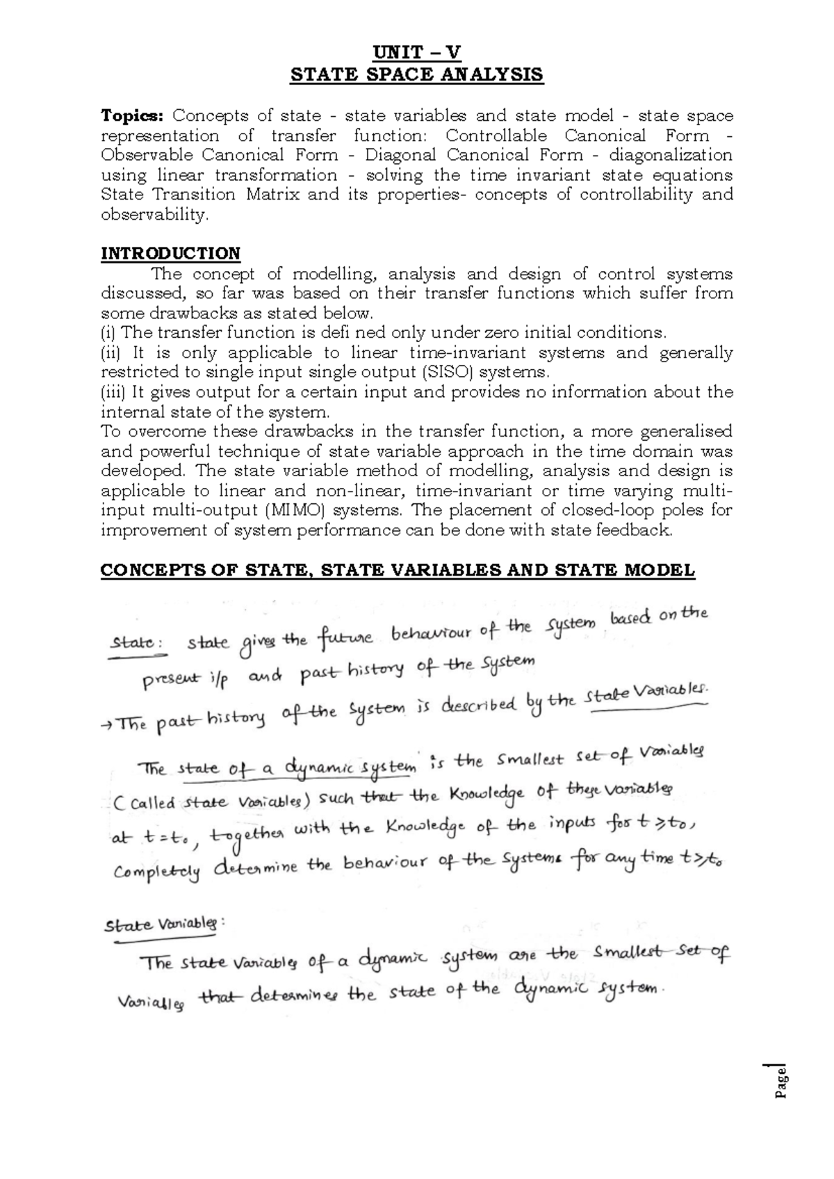 CS UNIT-V State Space Analysis: Concepts & Applications - Studocu