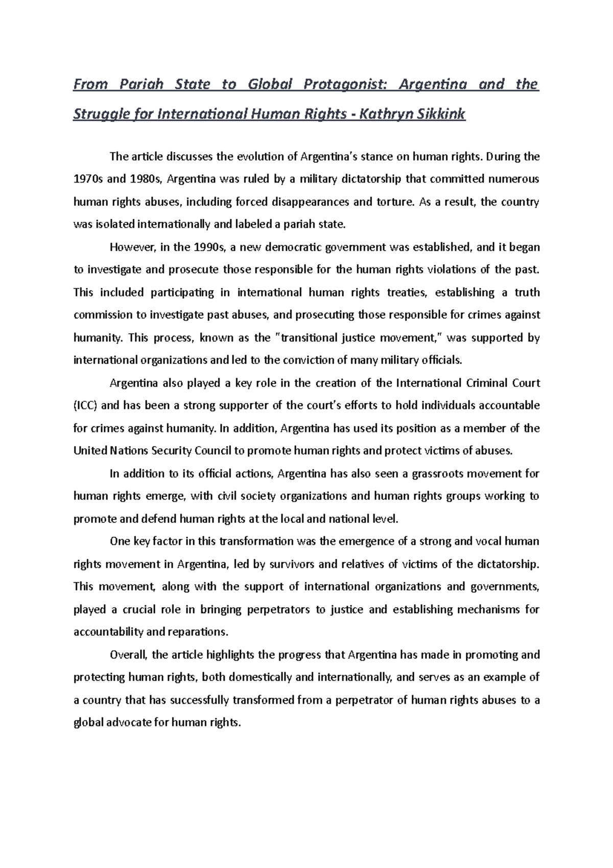 Sikkink - From Pariah State to Global Protagonist - From Pariah State ...