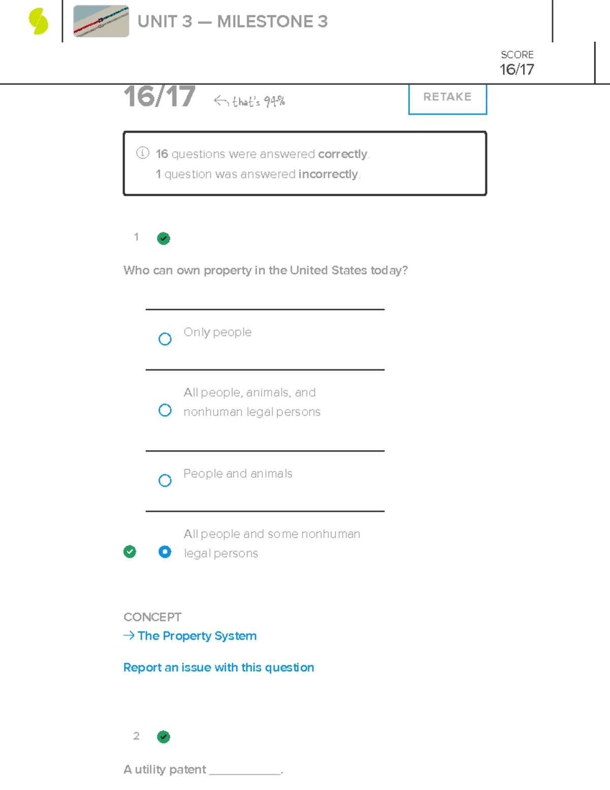 Sophia business law final milestone - 1 12/25 that's 48% RETAKE 12 ...