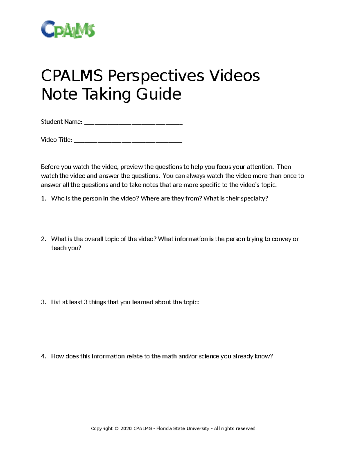 Cpalmsperspectivesvideosnotetakingguide - CPALMS Perspectives Videos ...