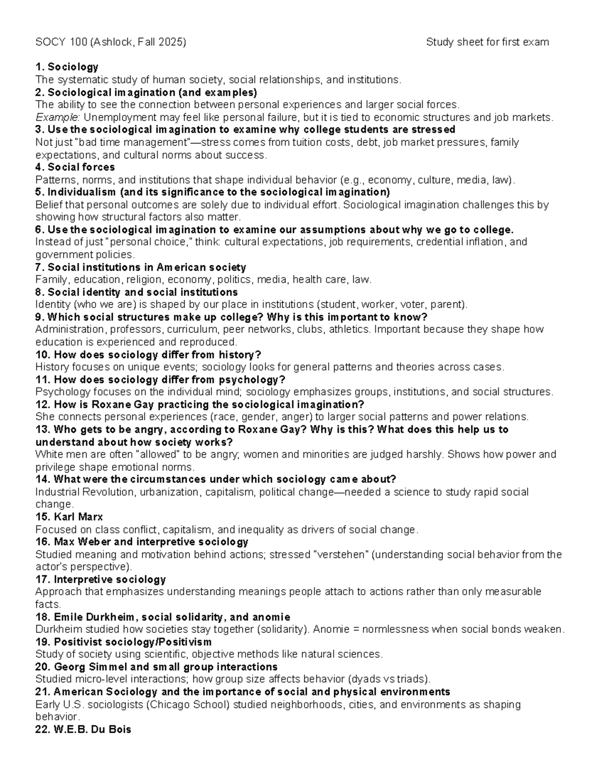 SOCY 100 (Ashlock, Fall 2025) First Exam Study Guide - Studocu
