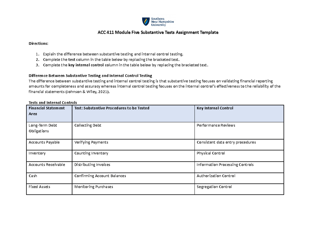 ACC 411 Module Five Substantive Tests Assignment Guidance Document ...
