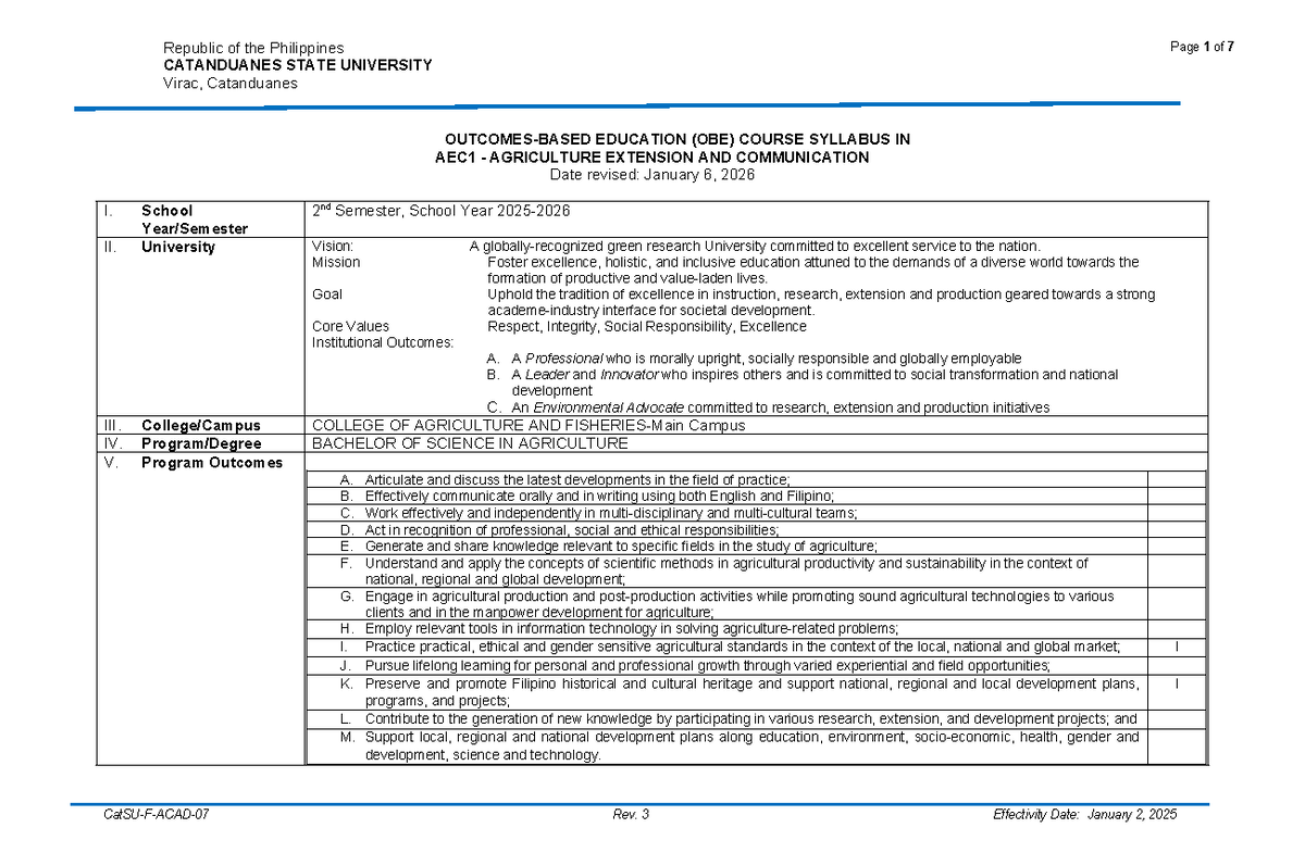 OBE Syllabus AEC1: Agriculture Extension & Communication 2025-2026 ...