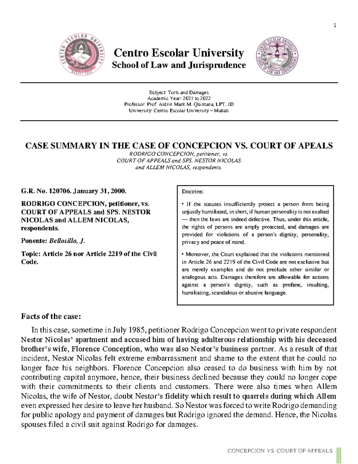 Concepcion vs. CA: Case Digest on Dignity and Damages in Torts - Studocu