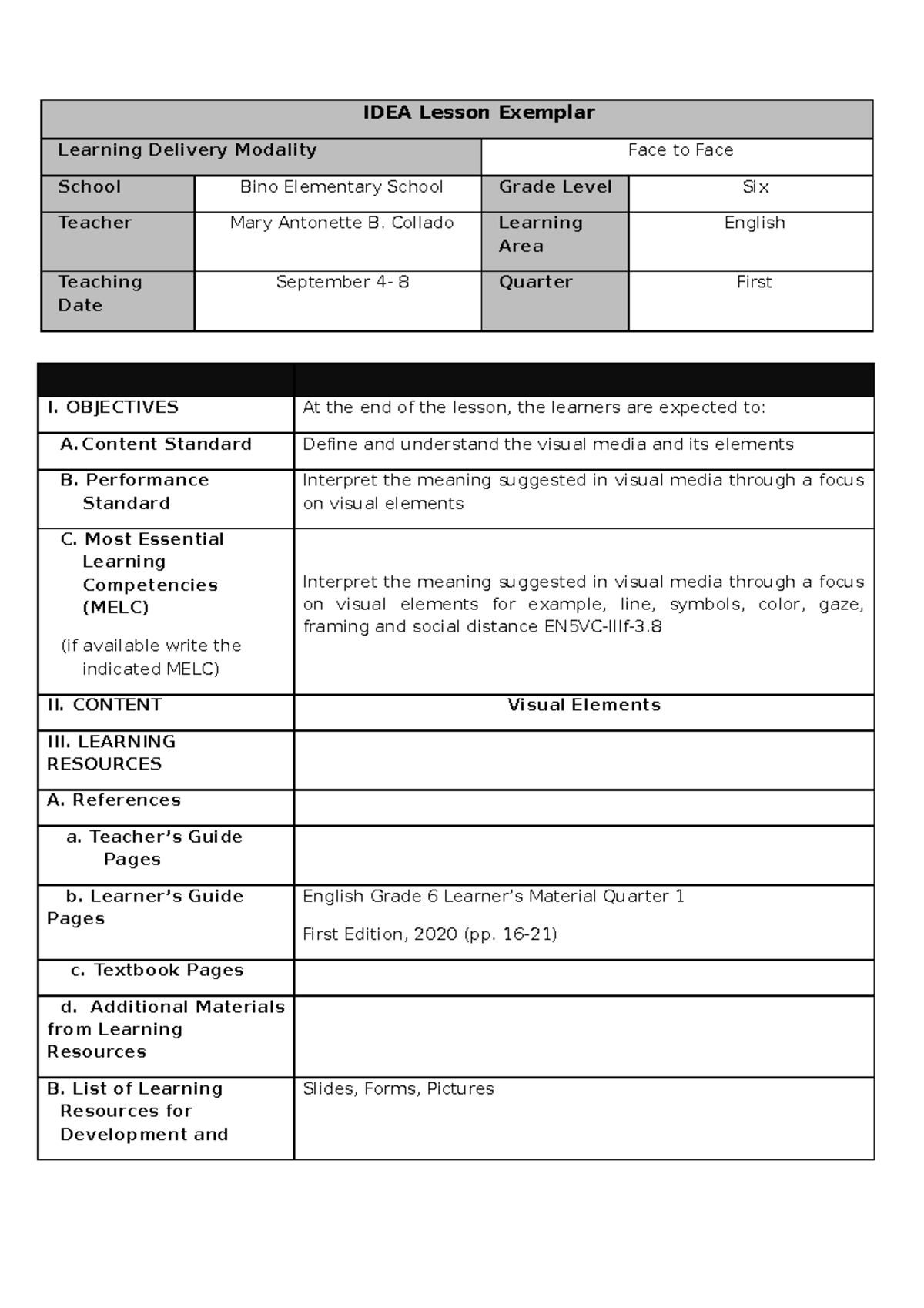 English 6 Lesson Exemplar: Visual Media Interpretation Quarter 1 - Studocu