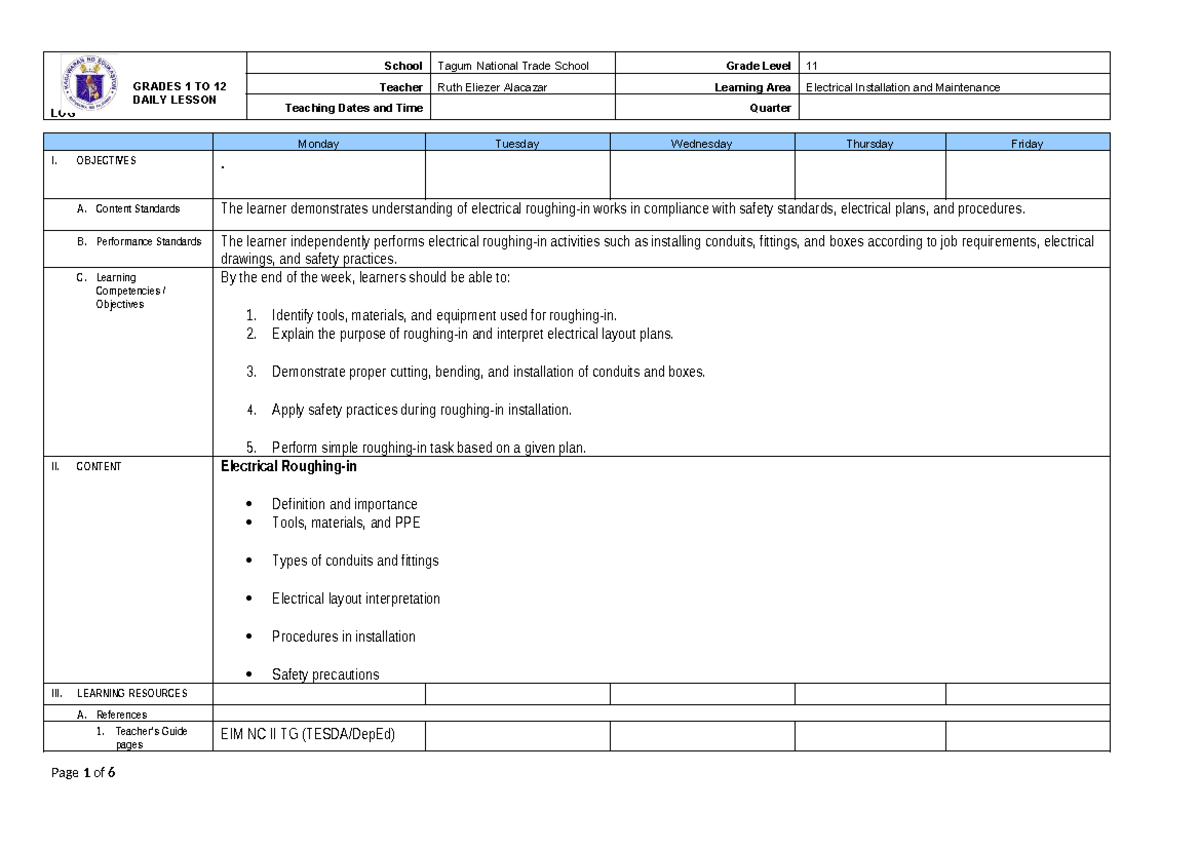 EIM NC II Roughing-In Lesson Log: Daily Activities & Assessments - Studocu
