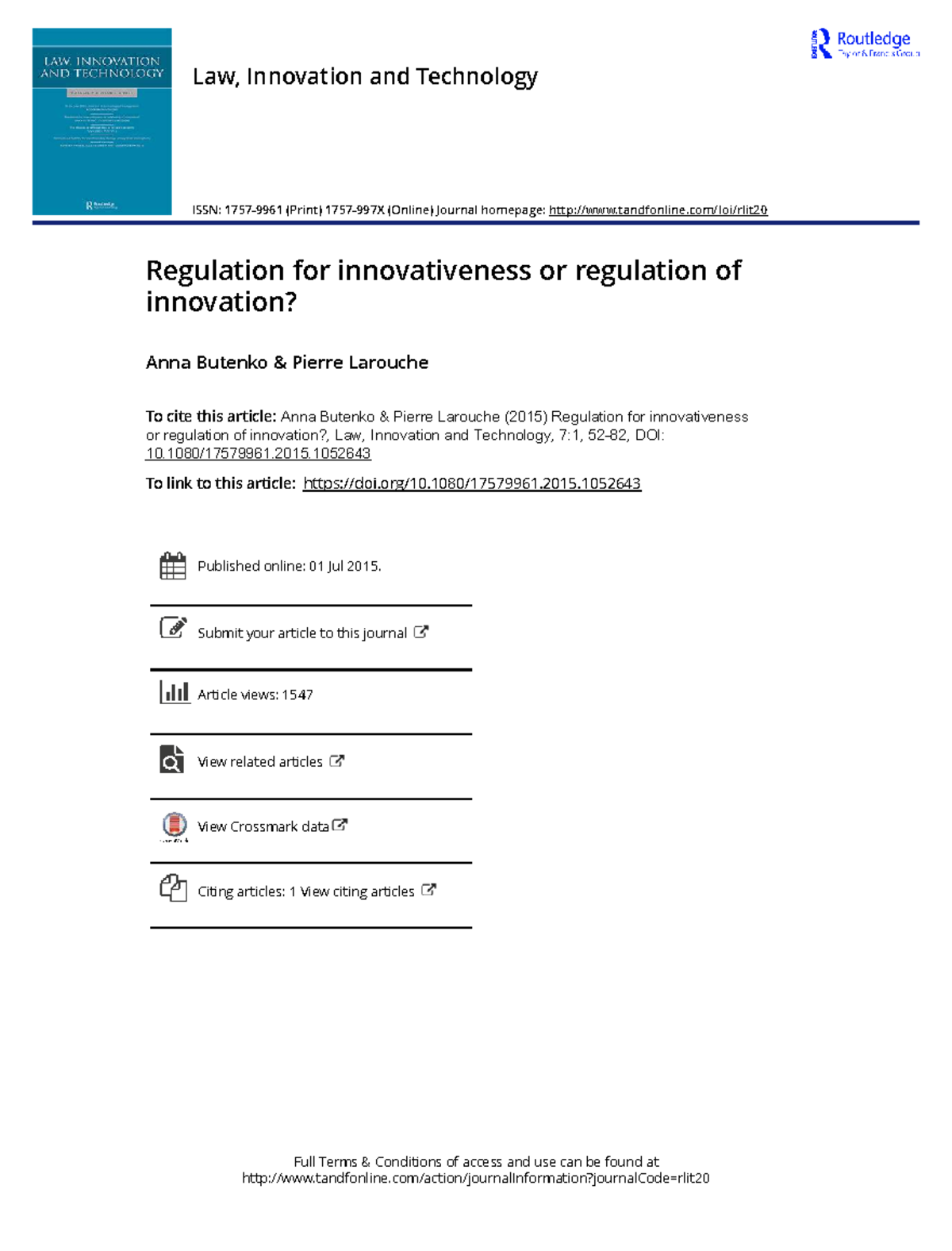 Regulation for Innovativeness vs. Regulation of Innovation: A Study ...