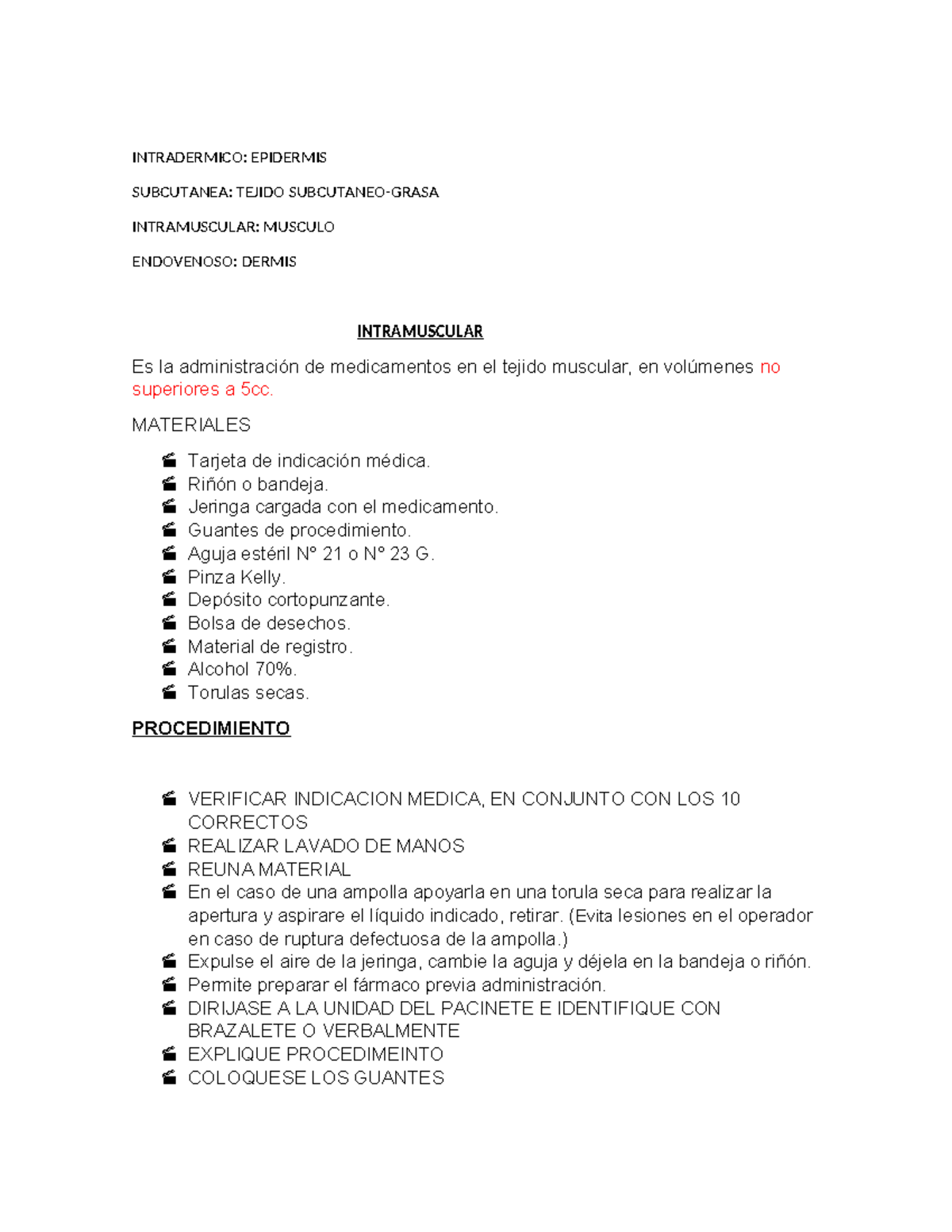 Intramuscular - RESUEMN DE PROCEDIMIENTO A REALIZAR - INTRADERMICO ...