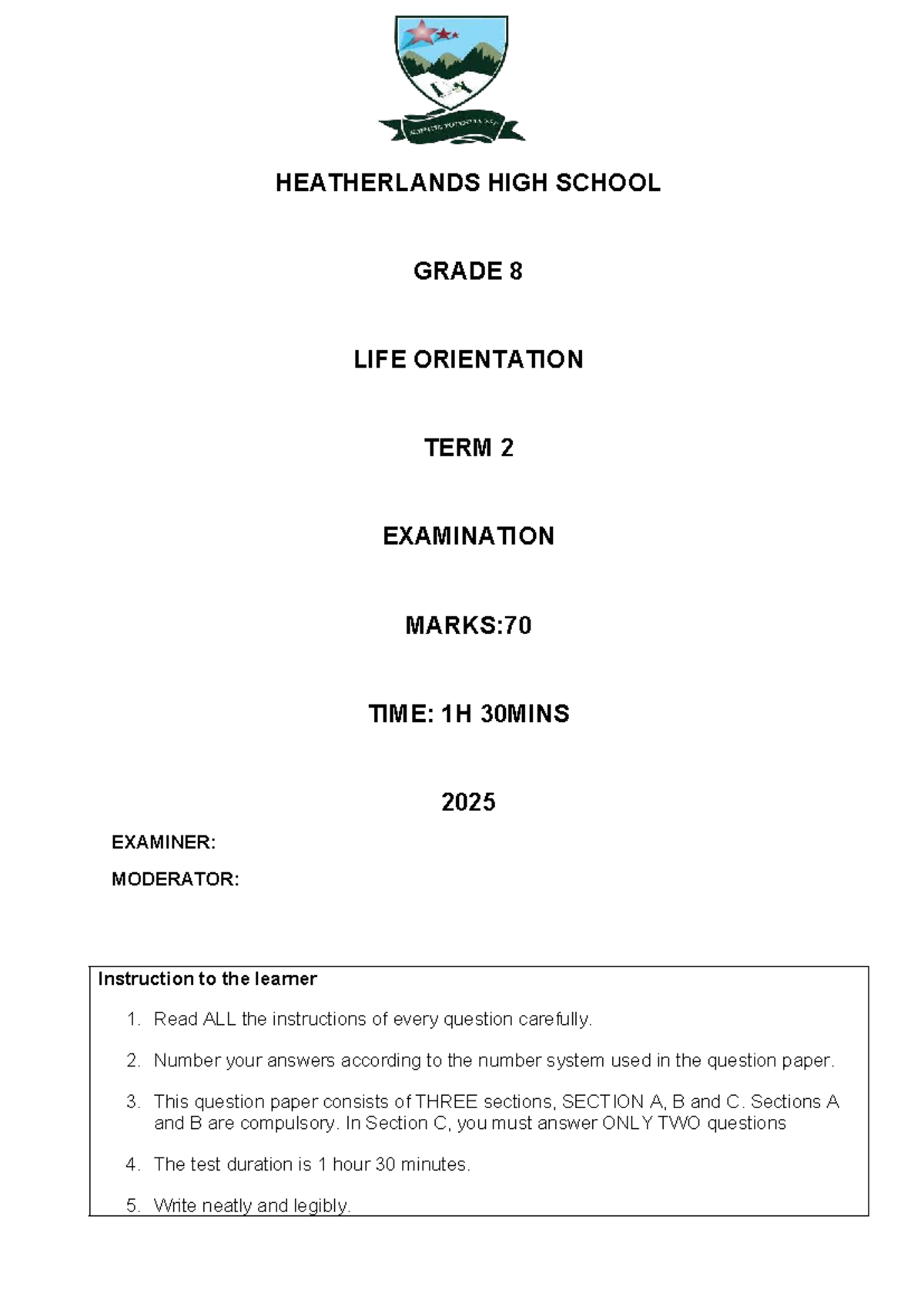 Grade 8 Life Orientation Term 2 Exam Paper: Marks, Instructions ...