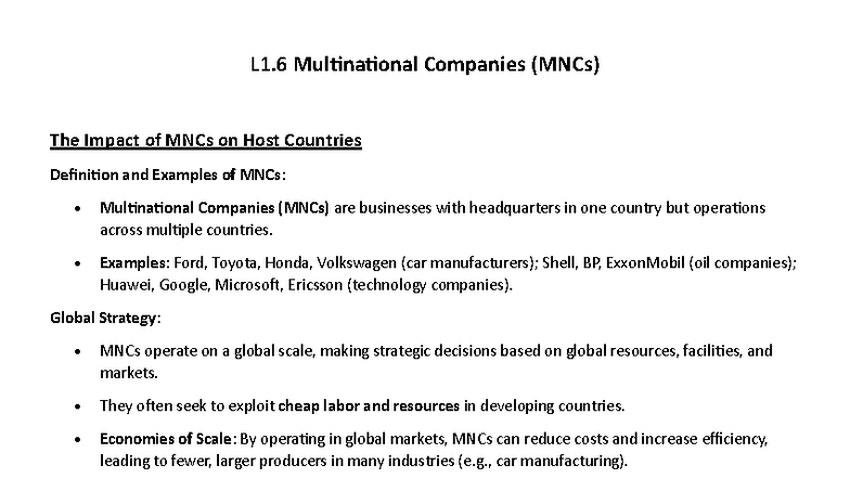 L1.6 The Impact of Multinational Companies (MNCs) on Host Countries ...