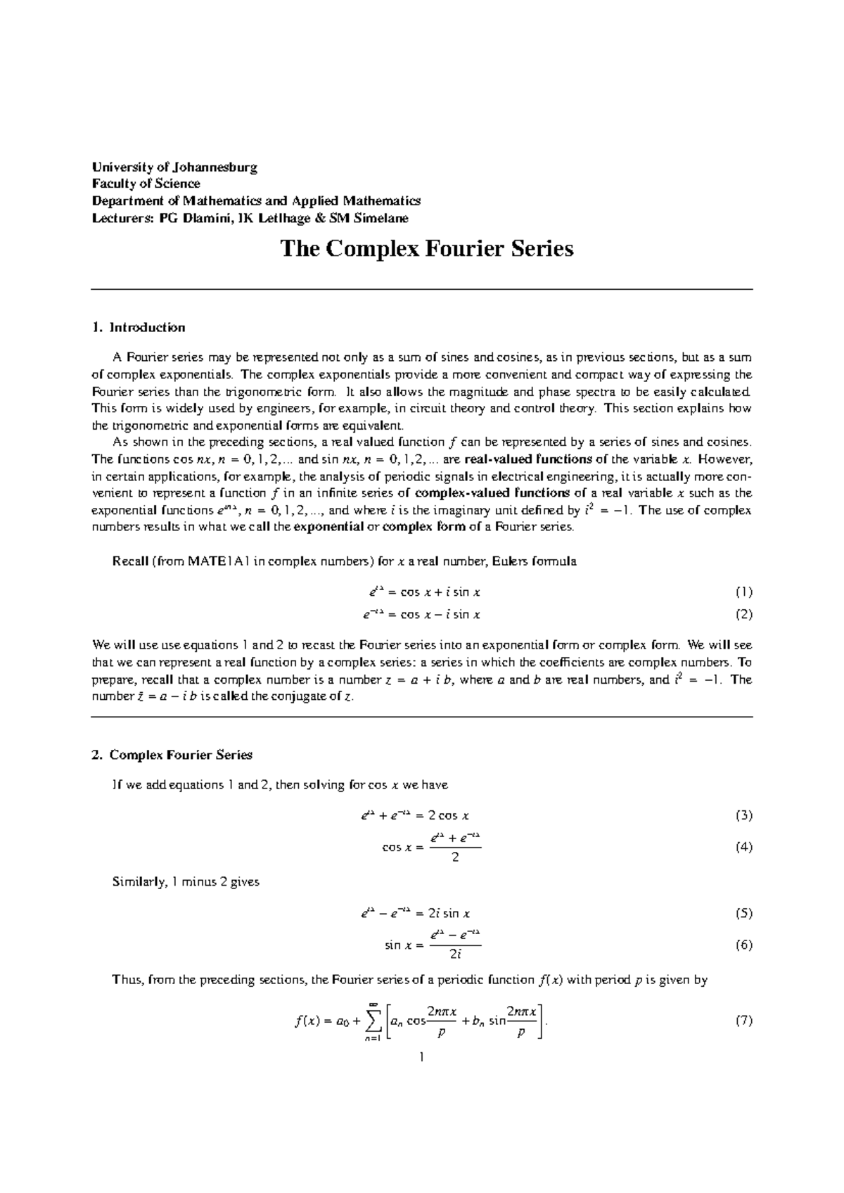 MATE2A2 Complex Fourier Series Lecture Notes - Studocu