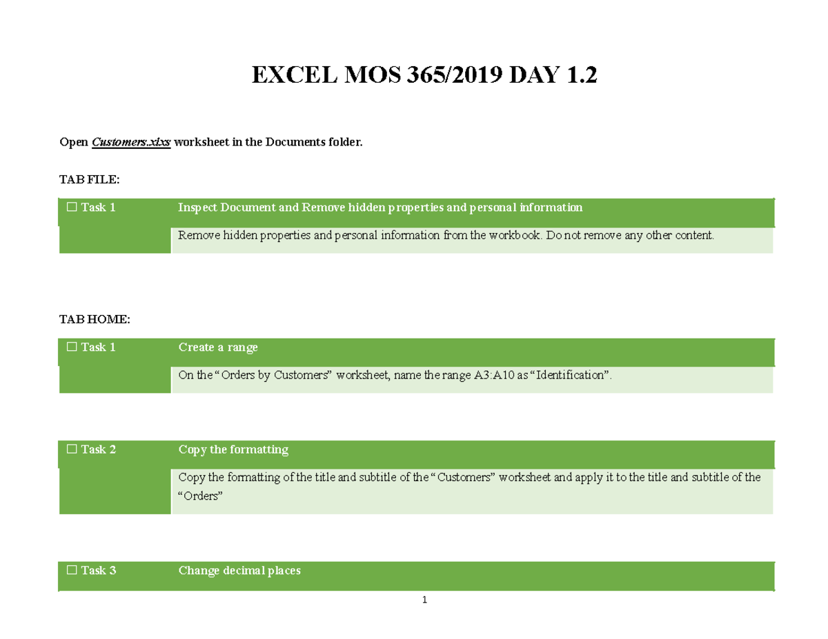 DAY 1 - excel - EXCEL MOS 365/2019 DAY 1. Open Customers worksheet in ...