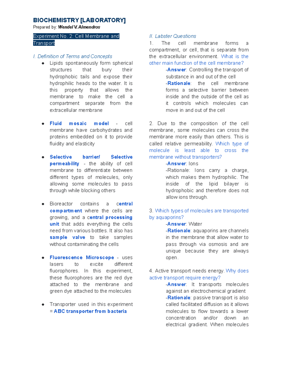 Experiment #2 Cell Membrane and Transport - Prepared by : Wendel V ...