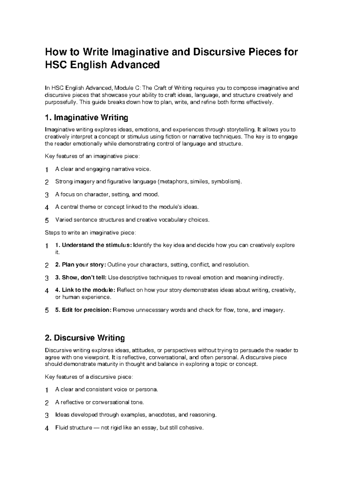 HSC English Advanced: Guide to Imaginative & Discursive Writing - Studocu