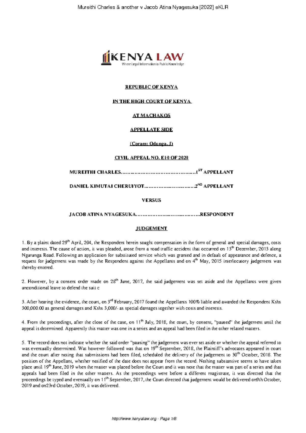 Civil Appeal E10 of 2020: Appellants Challenge Ex Parte Judgment Issues ...
