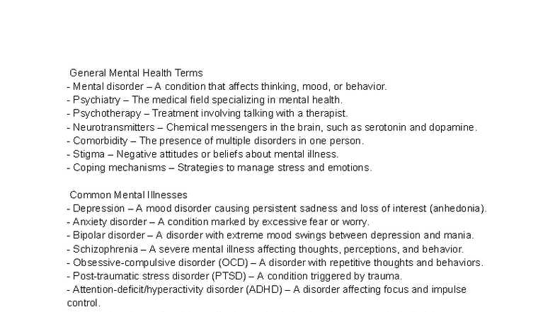 General Mental Health Terms: Key Concepts and Disorders - Studocu