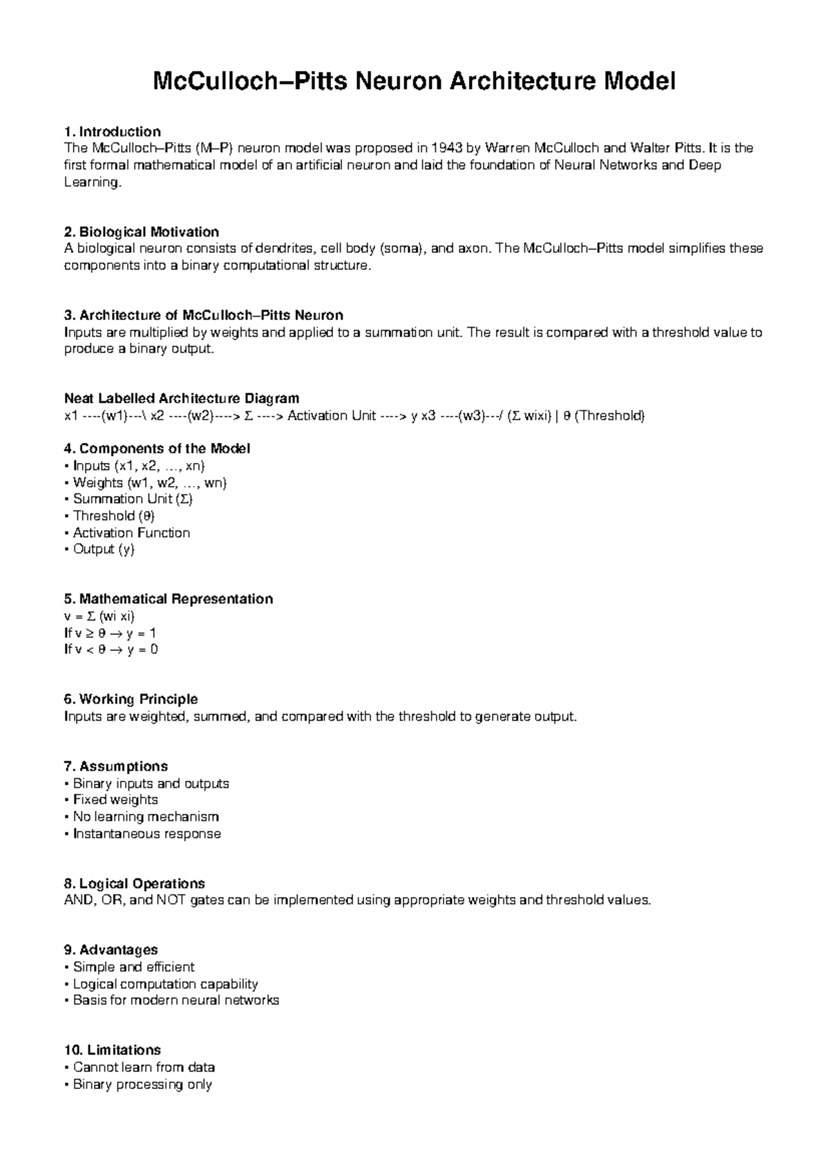 McCulloch-Pitts Neuron Model Overview - Topper Answer 20 Marks - Studocu