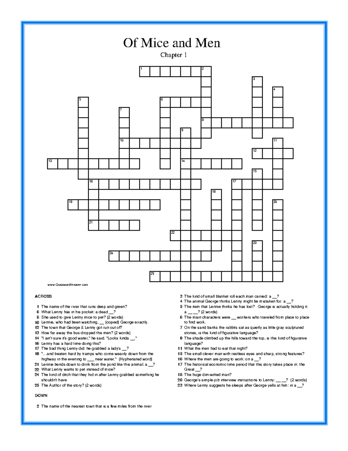 Of Mice and Men Ch. 1 Crossword Puzzle Answers - Studocu