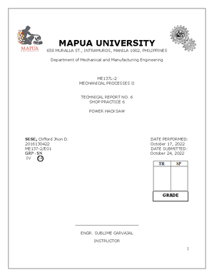 Lab-3 - METALWORKS - Mapúa University Muralla St, Intramuros, Manila ...