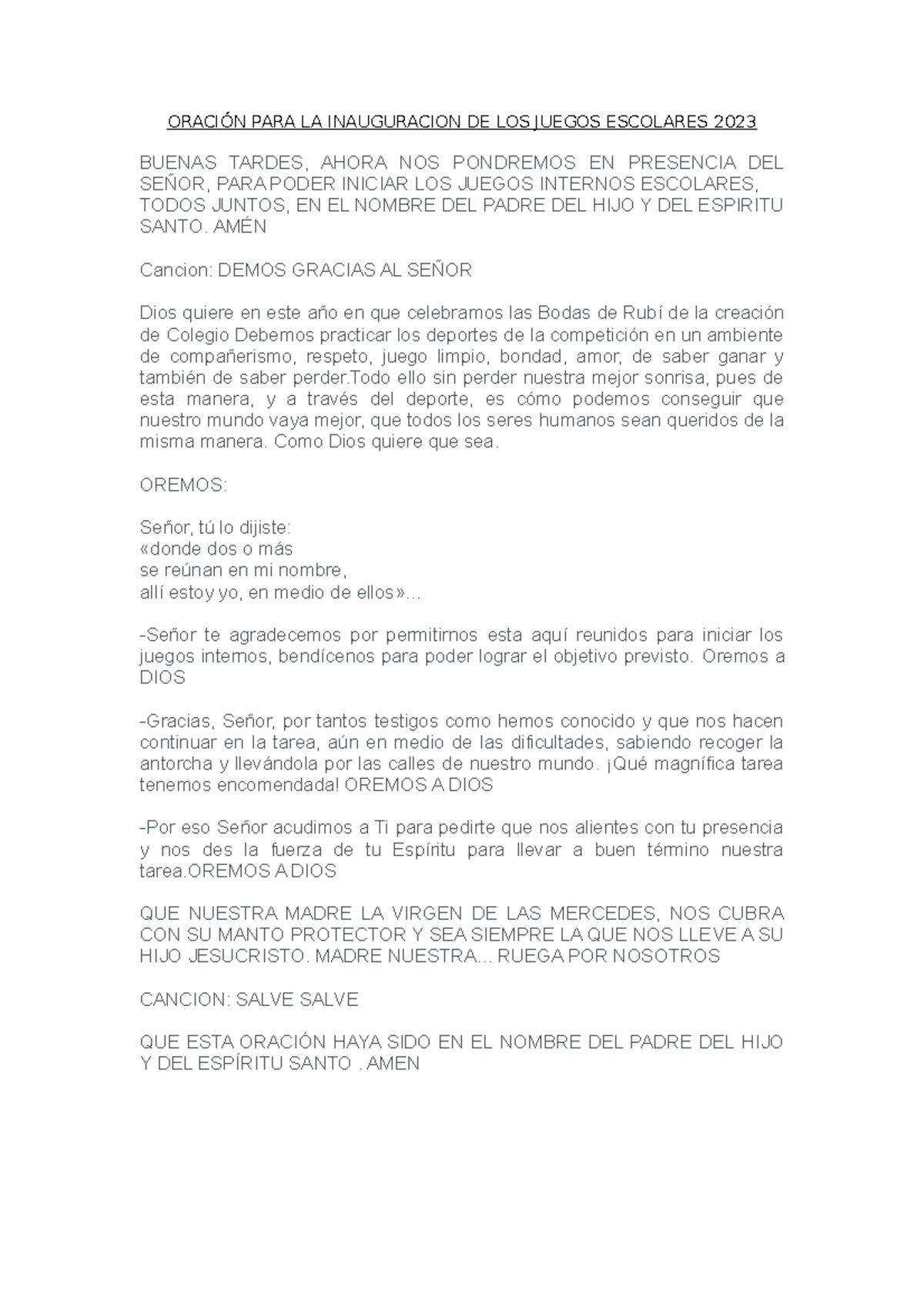 Oración para la Inauguración de los Juegos Escolares 2023 - Studocu