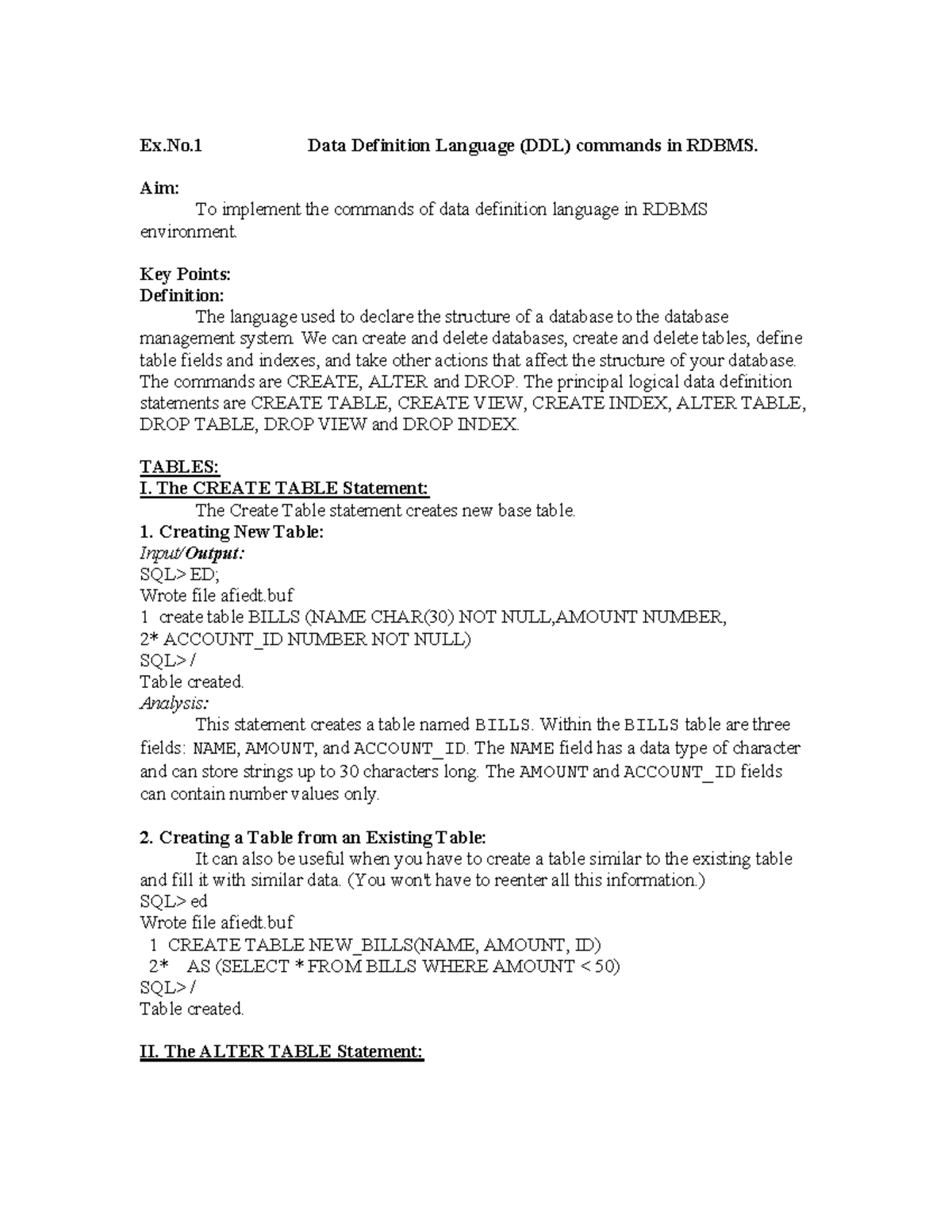 Ex.No.1 DDL Commands in RDBMS: Implementation and Analysis - Studocu